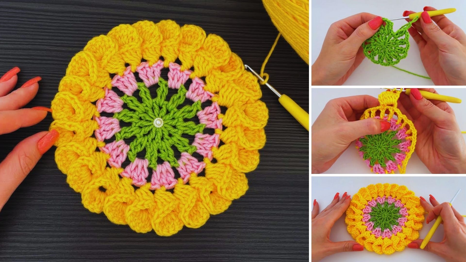 How to Crochet a Three-Color Flower Coaster | Step-by-Step Pattern ...